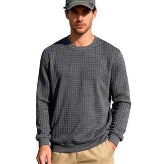Generic Sweat-shirt gaufré à manches longues pour homme, décontracté, couleur unie, col rond, pull thermique texturé, gris foncé, XXL