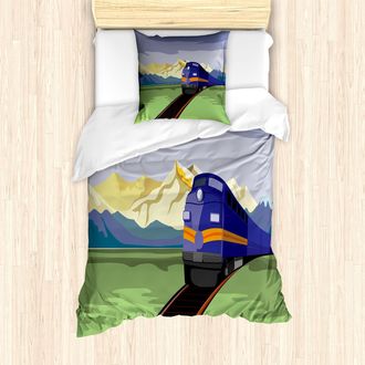 Abakuhaus Eisenbahn Bettbezug Set für Einzelbetten, Rural Land Zug Entwurf, Milbensicher Allergiker geeignet mit Kissenbezug, 135 cm x 200 cm - 80 x 80 cm, Mehr