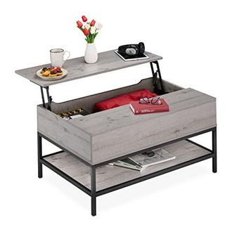 Relaxdays Couchtisch aufklappbar, mit Ablage, Wohnzimmertisch mit Stauraum, Holzoptik, HBT: 45,5x90x60 cm, grau/schwarz