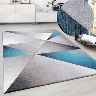Vimoda Designer Teppich Modern Geometrische Muster Kurzflorig Grau Schwarz Turkis Meliert, Maße:160 x 230 cm