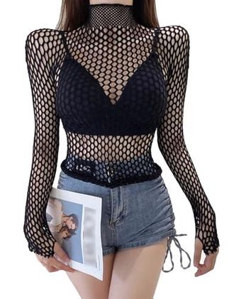 Generic T-shirt gothique en r&eacute;sille transparente pour femme - T-shirt skinny gothique &agrave; manches longues - Haut court, Noir, Taille unique