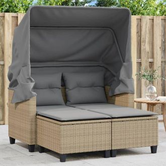 vidaXL Canap&eacute; de jardin 2 places avec auvent et tabourets beige rotin vidaXL