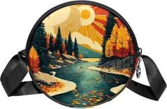Generic Petit sac &agrave; bandouli&egrave;re circulaire pour femme, motif paysage de rivi&egrave;re dautomne avec fermeture &eacute;clair, bretelles r&eacute;glables, sac &agrave; main rond d&eacute;contrac
