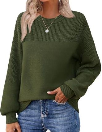 Generic Pull d&eacute;contract&eacute; &agrave; manches longues pour femme - Col rond - Couleur unie - Pull d&eacute;contract&eacute; en tricot, vert militaire, XXL