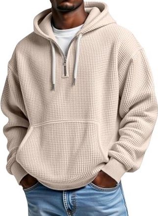 Generic Sweat &agrave; capuche pour homme - Demi-fermeture &eacute;clair - Pull &agrave; manches longues - Coupe droite - Motif gaufr&eacute; - Confortable - Pull en tricot - Pull de tra