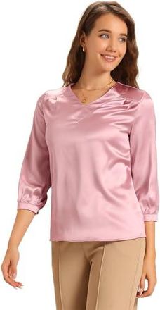 Allegra K Chemisier en Satin pour Femmes décontracté Solide à Manches Longues et col en V Rose M