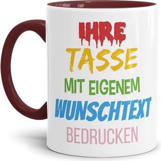 Tassendruck Tasse selbst gestalten/mit eigenem Text beschriften/Wunsch-Name/Spruch-Tasse/Innen & Henkel Weinrot/Mittig gegenüber vom Henkel Bedruckt