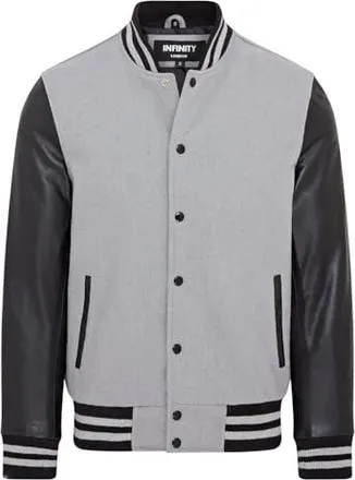 Infinity Leather Letterman Baseball Gris Laine Noir Cuir Varsity Bomber Jacket