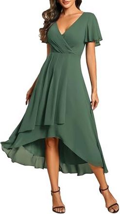 Ever-pretty Robe DInvit&eacute; Jupe Trap&egrave;ze Col en V Manches Volant&eacute;es Robe Femme Chic Et Elegant Belle Robe Soir&eacute;e Vert Eucalyptus 50