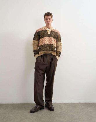 Topman polo en maille coupe relaxed &agrave; motif patchwork marron