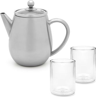 Bredemeijer Mini Teekanne 0.5 Liter silber - doppelwandige glänzende Edelstahlkanne Set mit Glasdeckel & 2 isolierende Teegläser je 290 ml