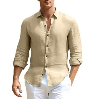 Generic Chemise formelle en lin &agrave; manches longues pour homme - Chemise boutonn&eacute;e en lin - Coupe ajust&eacute;e - Style d&eacute;contract&eacute; - Blanc - Col en V - T-shirt pour 