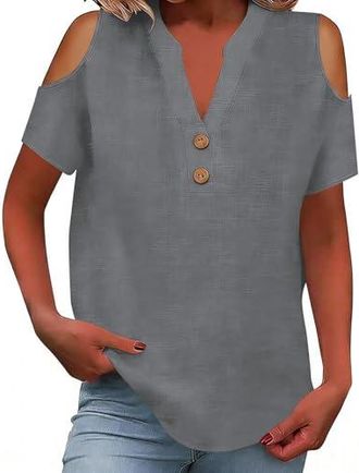 Generic T-shirt en lin &agrave; manches courtes pour femme - Col en V - Couleur unie - Coupe ample - Col Henley - Tunique d&eacute;t&eacute; avec bouton pour lext&eacute;rieur et le voya