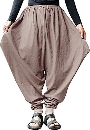 Generic Pantalon de loisirs pour homme en coton et lin - Pantalon sarouel pour homme - Tendance - Pantalon de jogging ample - Couleur unie - Grandes tailles -