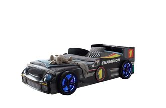 M&ouml;belando Autobett >Rinum< Schwarzes Hochglanz-Bett 90x200 cm mit Fotodruck & LED-Beleuchtung, Melamin, modern, zerlegt geliefert, ohne Matratze & Lattenrost, s