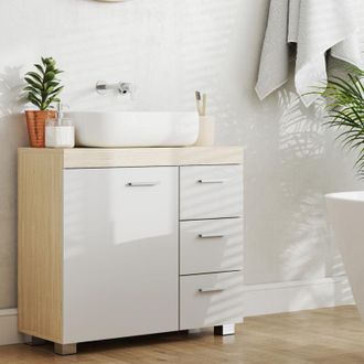 Vasagle Meuble sous lavabo, 3 Tiroirs Lat&eacute;raux, 2 Cases derri&egrave;re la Porte, avec Pieds, 30 x 70 x 64 cm, Blanc Nuage et Beige Naturel