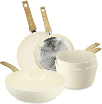 Menastyl Cuisson Set de 5 pièces Colorama crème - Poêles/Casseroles/Wok - En aluminium - Revêtement antiadhésif en céramique - Tous feux dont induction