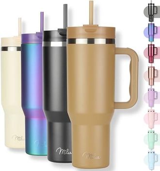 Milu Gobelet thermique 1200ml avec paille & anse, 24h glac&eacute; / 12h chaud Tumbler 40oz en acier inoxydable avec poign&eacute;e, isolant bouteille to go (Brown, 1200