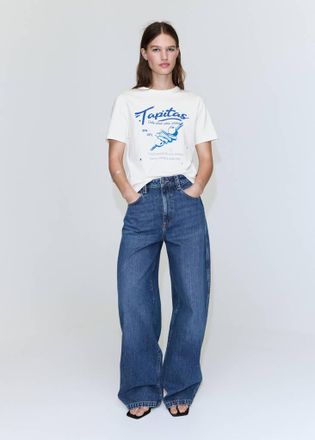 Mango T-shirt en coton imprim&eacute; bleu - Femme - XXS - MANGO