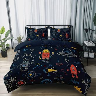 Generic Dunkelblau Bettw&auml;sche 135 x 200 cm 3 Teilig - Einfach Gekritzel Roboter Thema Doppelseitiges Design Bettbezug f&uuml;r Alle Jahreszeiten, Weiche & Kuscheli