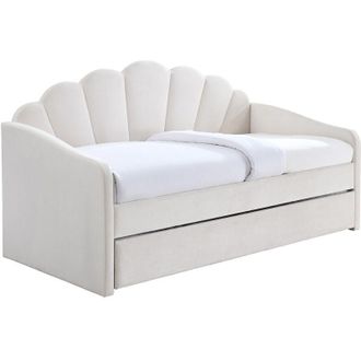 Vente-Unique Vente-Unique - Lit gigogne coquillage 90 x 190 cm - Velours blanc - 1 place avec sommier &agrave; lattes - &Eacute;co-responsable OEKO-TEX