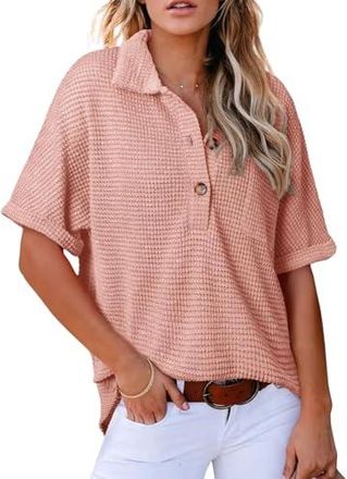 Generic Tunique Henley &agrave; manches courtes en tricot gaufr&eacute; pour femme, avec poche et col en V, rose, XXL