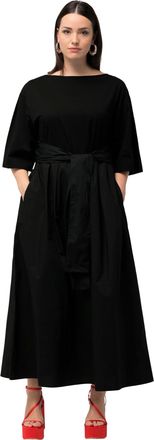 Ulla Popken Damen große Größen Übergrößen Plus Size Maxikleid, A-Linie, Bindegürtel, Jersey/Papertouch schwarz 54+ 827648100-54+
