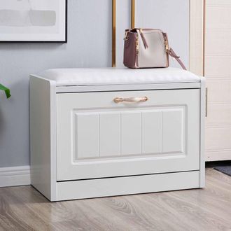 Generic Schuhaufbewahrungsbank Mit Kissen, Eingangsbank Aus Holz Mit 2-stufigem Schuhregal Mit Klappschublade for Wohnzimmer, Schrank, Flur, Schmutzschleuse(W