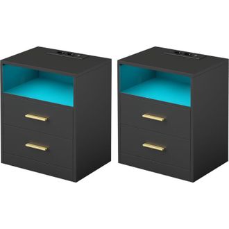 Vasagle Lot de 2 Tables dAppoint Modernes avec Tiroirs, Lumi&egrave;res LED, Multiprises et Ports USB, pour Chambre, Noir