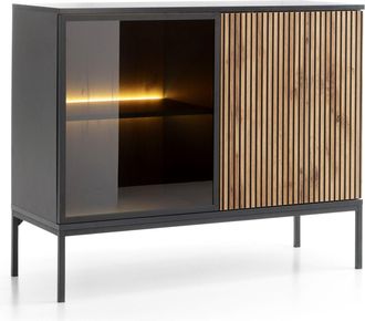 Selsey Tosena Sideboard 104 x 39 x 83 cm - Modernes Design in Schwarz-Graphit/Eiche Wotan - Mit Glasfront & 4 F&auml;chern - Laminierte Spanplatte/MDF, Pulverbesc