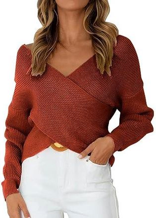 Generic Pull &agrave; &eacute;paules d&eacute;nud&eacute;es pour femme, pull &agrave; manches longues, chemisier de couleur unie, col en V, coupe ample, pull en tricot doux, haut &agrave; manches long