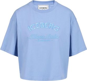 Iceberg Femme, Tops, Bleu, Taille: 36 FR T-shirt bleu poudr&eacute; coupe carr&eacute;e en jersey de coton avec imprim&eacute; Iceberg Social Club