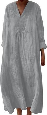 Generic Robe Ete Femme Mi Longue Fluide Coton Chemise Robes Manches Longues Ample Casuel A-Line Imprimé Fleur Robes Col V Ronde Bohème Robe De Soiree Femme Vi