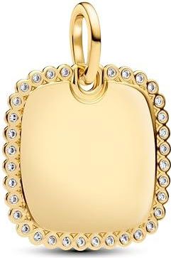 Pandora Moments 364009C01 Pendentif carré gravé en argent sterling avec alliage plaqué or 14 carats et zircones Compatible Moments et ME