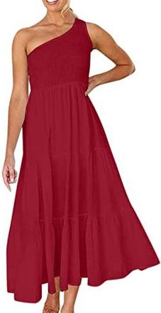 Generic Robe d&eacute;t&eacute; d&eacute;contract&eacute;e mi-longue sans manches style boh&egrave;me pour femme, robe trap&egrave;ze fluide, sans manches, pour la plage, Rouge, M