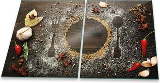 Decorwelt Herdabdeckplatte Abdeckung Ceranfeld Abdeckplatte Schneidebrett 2-Teilig 80x52 Gewürze Braun Spritzschutz Glasplatte Ceranfeldabdeckung Schutz Herdsch