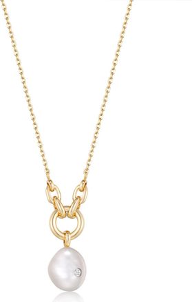 Ania Haie Damen Halskette Pearl Power aus 925 Sterling Silber 14k vergoldet, besetzt mit einem Zirkonia und Einer Süßwasserperle, Größe: 45 cm + 5 cm Verlängeru