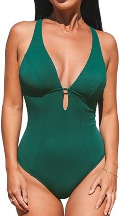 Cupshe Maillot de bain gainant pour femme - Col en V profond - Découpe en O - Motif floral texturé, Vert, XL