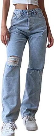 TOMWELL Pantalons Femme Denim Printemps Straight Jeans Taille Haute Jean Leggings Sexy Evasé Pantalons en Denim Boyfriend Droit Pantalon Pantalon Bleu Casual 