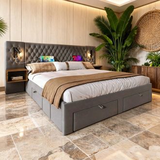 Generic Schlafzimmer-Komplettset mit 2 Nachttischen & Polsterbett - 160x200 cm in Grau (Samt) mit Leselicht & USB - Inkl. 4 Schubladen, ohne Matratze