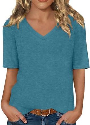 Minetom T-shirt dété à manches courtes pour femme, col en V, couleur unie, t-shirt basique, A turquoise, M