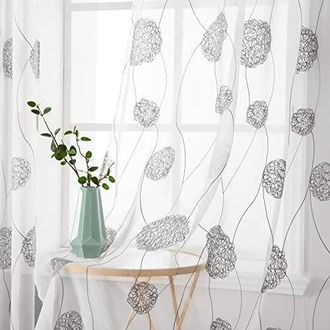 Miulee Rideau Voilage Blanc-Rideaux Salon Moderne avec Gris Motif Broderie, Tulle Rideau Transparent &agrave; Oeillets, D&eacute;coration Interieur Voilage Fenetre Chambre