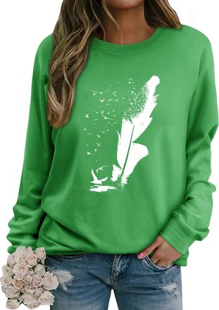 Dresswel Pullover Damen Feder Drucken Sweatshirt Langarmshirt Rundhals Langarm Shirts Herbst Winter Pulli Tops Oberteile Bluse(Grasgr&uuml;n, 2XL)