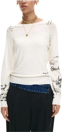 Desigual Femme, Pulls, Beige, Taille: 42 FR Tricot Imprim&eacute; &agrave; Manches Longues et Col Rond