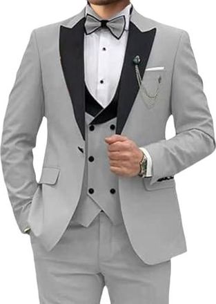 Generic Ensemble de smoking 3 pi&egrave;ces pour homme - Blazer &agrave; double boutonnage - Gilet et pantalon - Coupe ajust&eacute;e - Pour bal de fin dann&eacute;e, f&ecirc;te daffaires, gri