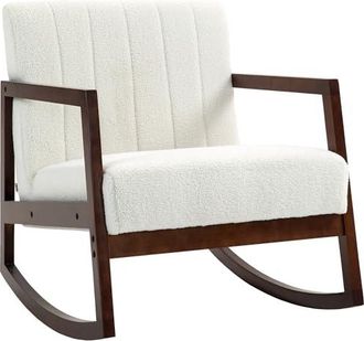 HOMCOM Fauteuil &agrave; Bascule Fauteuil Allaitement Rocking Chair en Tissu Effet Laine boucl&eacute;e avec Pieds en Bois Massif dh&eacute;v&eacute;a, Chaise &agrave; Bascule pour Chambre, Sa