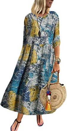 ORANDESIGNE Robe Longue Femme Ample Style Boho Manche Courte Chic Maxi Robe Été Femme Grande Taille Casual Robe de Plage X1 Bleu M