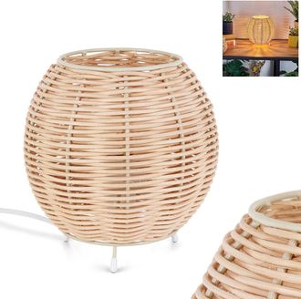 HOFSTEIN Tischleuchte Malpica, Tischlampe aus Metall/Rattan in Beige/Naturfarben, Leuchte im Boho-Design mit Schirm aus Rattan (Ø 16 cm) u. An/-Auschalter am K