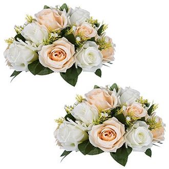 Nuptio 2 Pi&egrave;ces Fleurs Artificielles, 15 T&ecirc;tes de Roses Plastique avec Base, Convient au Centre de la Table Mariage Notre Magasin pour Les F&ecirc;tes D&eacute;coration d