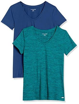 Amazon Essentials T-shirt Stretch et Quick Dry, Col en V et Manches Courtes (Disponible en Grande Taille) Femme, Lot de 2, Bleu/Vert Sarcelle Teinture Spatiale, L